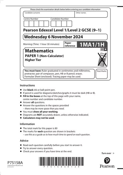 Gcse Edexcel Maths November 2024 Paper 1 Question Paper 1ma1 1h Mathematics Stuvia Uk