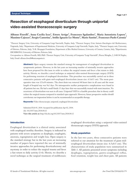 Pdf Resection Of Esophageal Diverticulum Through Uniportal Video