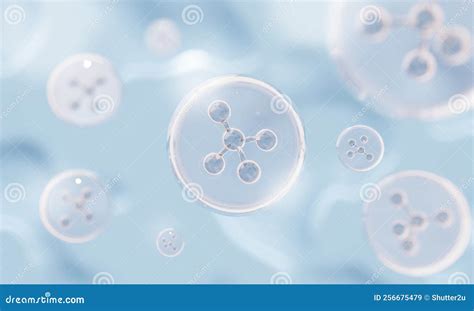 Closeup Of Molecule Atoms Structures Inside Vitamin Bubbles On Blue