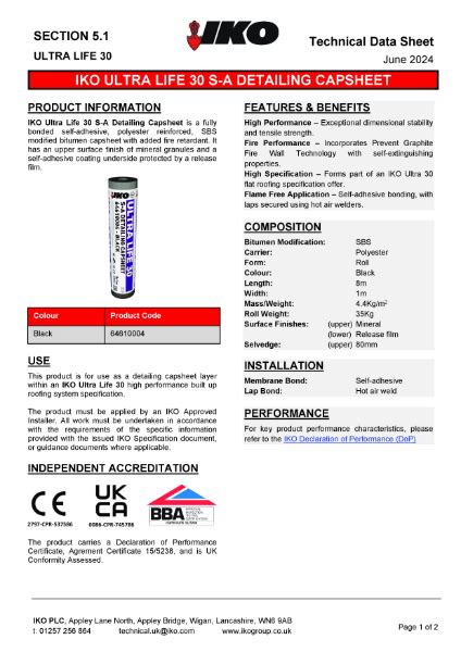 Technical Data Sheet TDS IKO ULTRA Life 30 Self Adhesive Detailing Capsheet IKO UK NBS