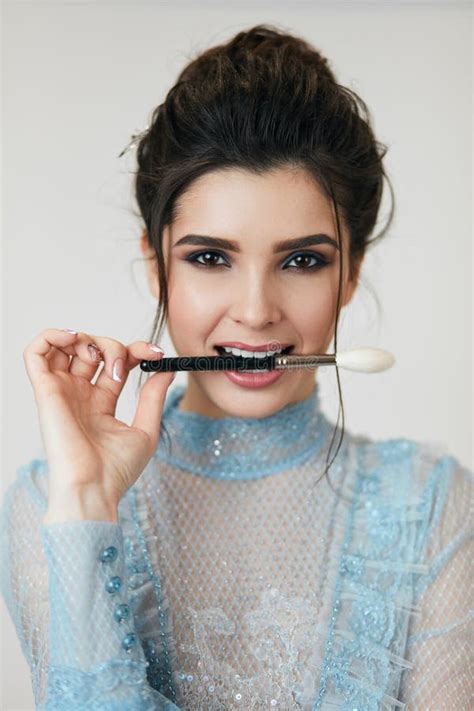 Charming Girl With Brush In Her Mouth Stock Image Image Of Elegant