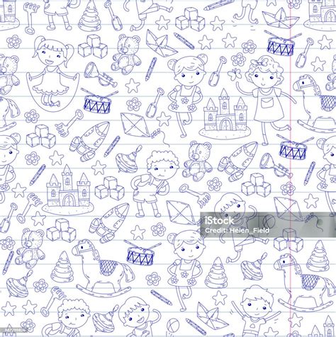 유치원 유치원 보육원 교육 어린이 낙서 패턴 아이 놀이 공부 하는 남자와 여자와 아이 드로잉 아이콘 공간 모험 탐험 상상력 개념 2 3 살에 대한 스톡 벡터 아트 및 기타