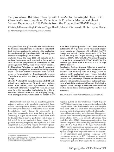 Pdf Periprocedural Bridging Therapy With Low Molecular Weight Heparin