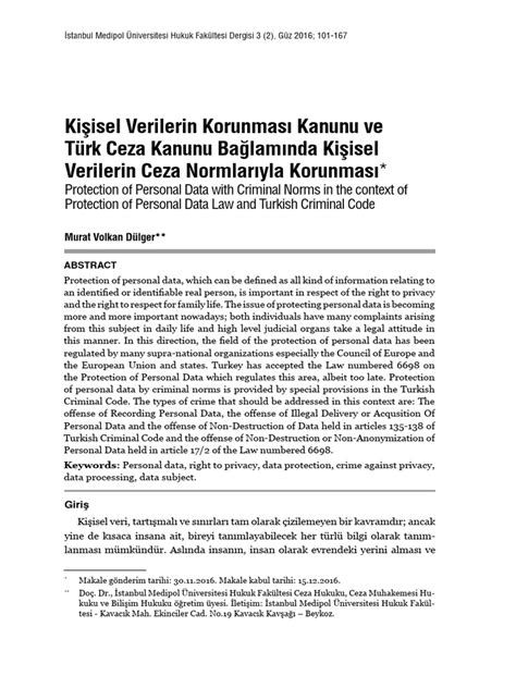 Ki Isel Verilerin Korunmas Kanunu Ve T Rk Ceza Kanunu Ba Lam Nda Ki Isel Verilerin Ceza Normlar