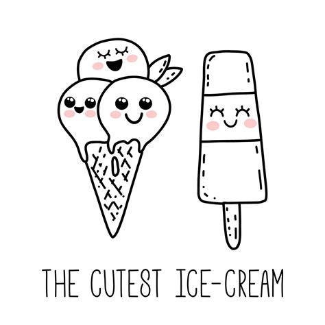 Cute Hand Drawn Kawaii Cartoon Characters Ice Cream With Smiling Faces