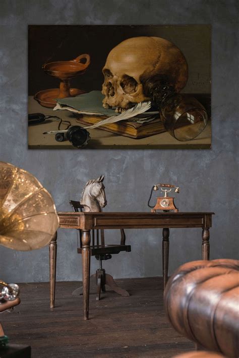 Stretched Canvas Print Still Life With A Skull And A Writing Quill By
