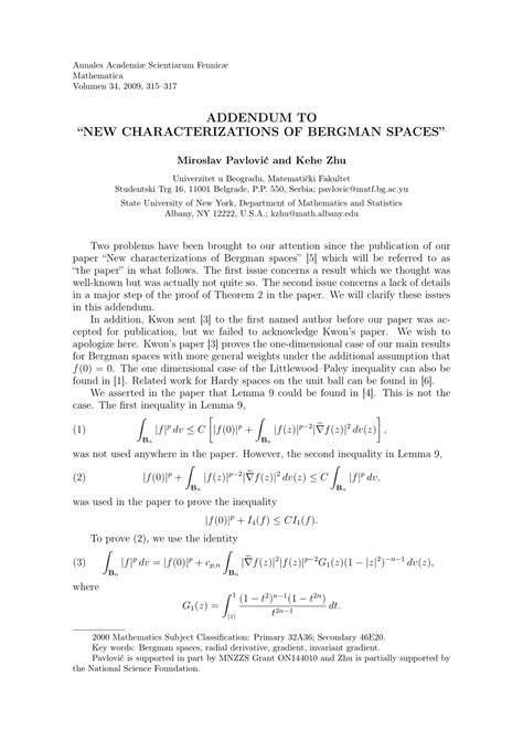 Pdf Addendum To New Characterizations Of Bergman Spaces