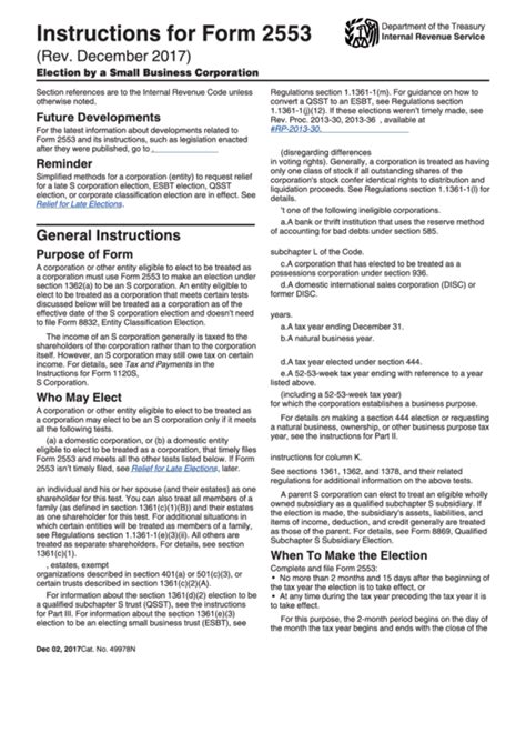 Instructions For Form 2553 Election By A Small Business Corporation Printable Pdf Download