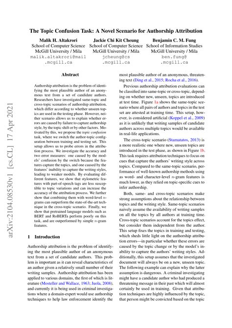 Pdf The Topic Confusion Task A Novel Scenario For Authorship Attribution