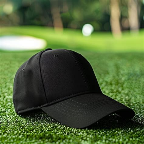A Black Baseball Cap Sits On A Green Surface Premium Ai Generated Image