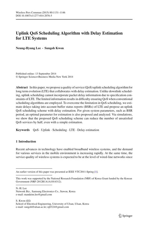 Pdf Uplink Qos Scheduling Algorithm With Delay Estimation For Lte Systems