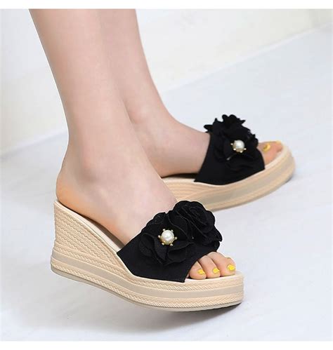 여성 8cm 플라워 코사지 웨지슬리퍼 여름샌들 티몬