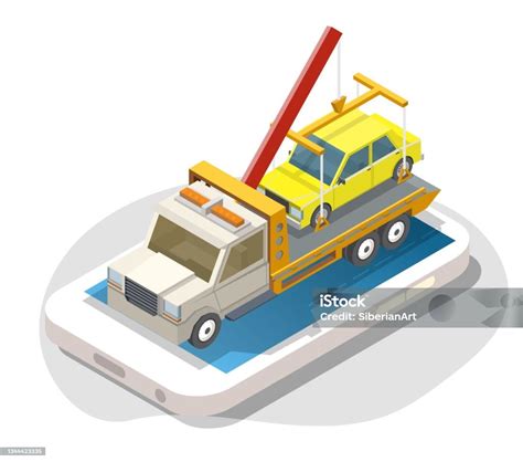 화면에 견인 트럭에 노란색 자동차와 등색 스마트 폰 길가 지원 자동차 견인 온라인 서비스 벡터 서비스에 대한 스톡 벡터 아트 및 기타 이미지 Istock