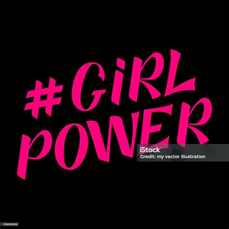 검은 배경에 소녀 전원 핑크 필기 비문 Grl Pwr 손 글자 페미니스트 슬로건 관용구 말하기 티셔츠 스웨트셔츠 또는 기타 의류 프린트를 위한 현대적인 일러스트레이션 여성