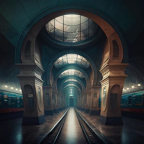 Premium Photo A Train Station With A Blue Train On The Tracks And A