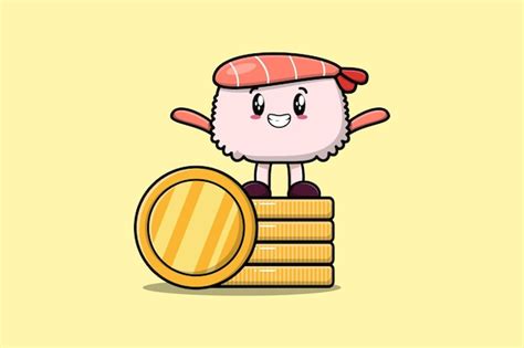 누적된 금화 벡터 일러스트 레이 션 플랫 만화에 서 있는 귀여운 만화 스시 새우 캐릭터 프리미엄 벡터