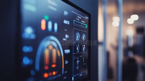 Futuristic Control Panel Displaying System Statistics In Modern Office Setting Stock Image