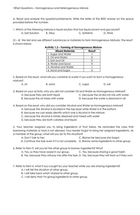 Solution Test Questions Homogeneous And Heterogeneous Mixture