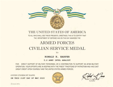 Armed Forces Civilian Service Medal Certificate