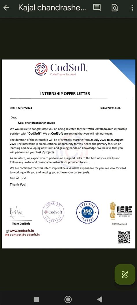 kajal shukla on linkedin codesoft