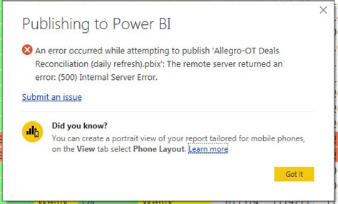 cannot publish power bi report 500 internal se microsoft