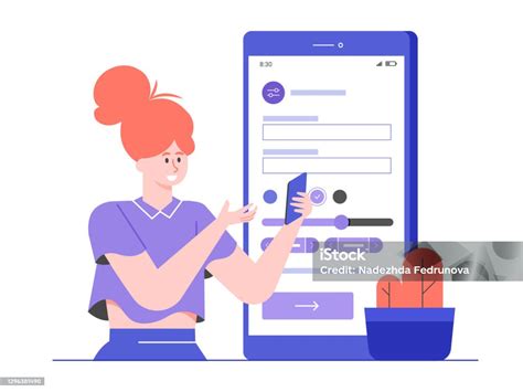 스마트 폰을 가진 소녀 응용 프로그램 설정 인터페이스가있는 대형 장치입니다 사용자 계정 사용자 지정 벡터 플랫 일러스트레이션