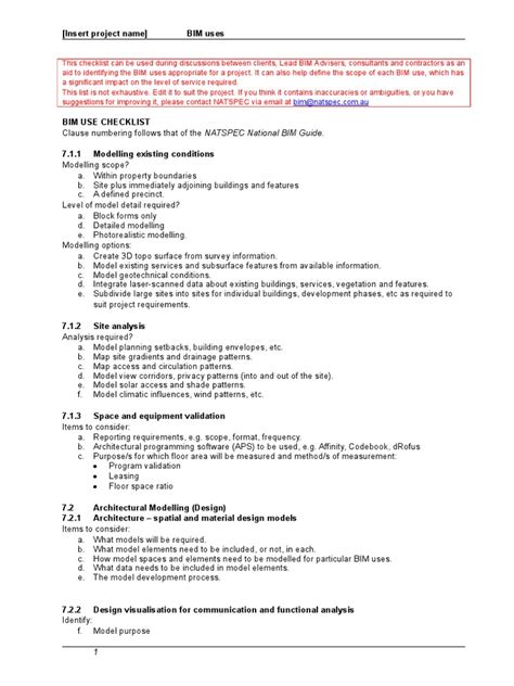 Bim Use Checklist 141120 Pdf Request For Proposal Building Information Modeling