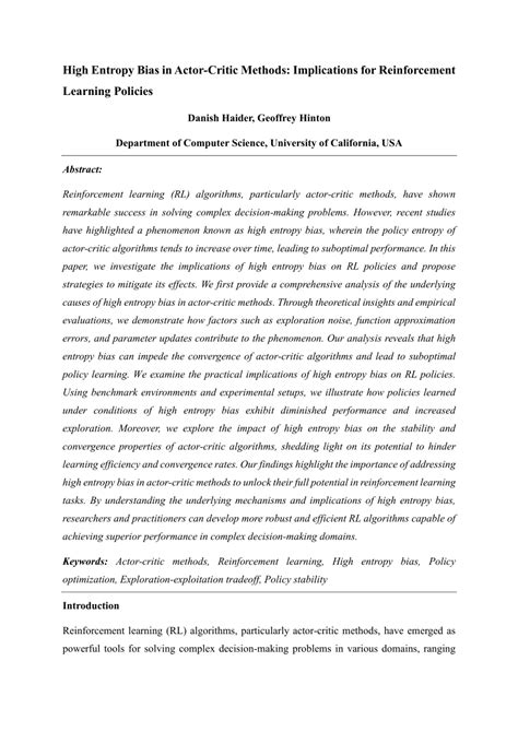 Pdf High Entropy Bias In Actor Critic Methods Implications For Reinforcement Learning Policies