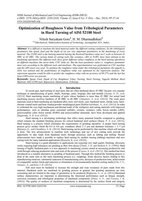 Optimization Of Roughness Value From Tribological Parameters In Hard Turning Of Aisi 52100 Steel