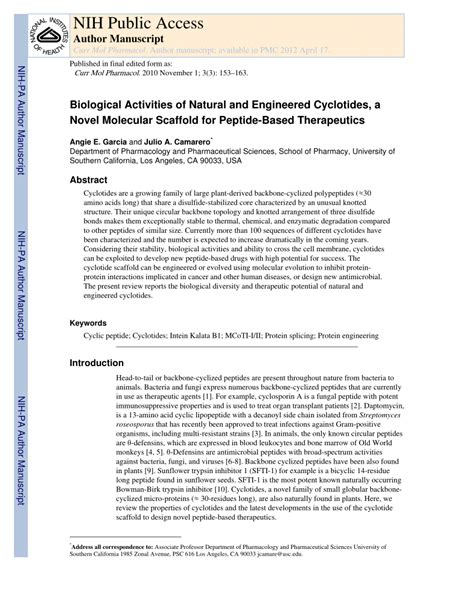 [pdf] Biological Activities Of Natural And Engineered Cyclotides A Novel Molecular Scaffold For