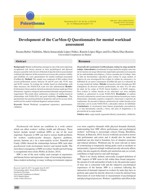 Pdf Development Of The Carmen Q Questionnaire For Mental Workload Assessment