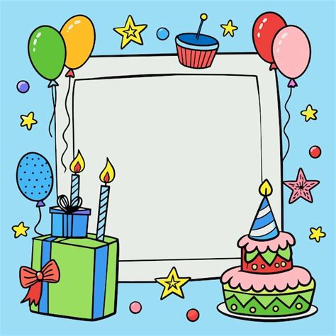 풍선 모자 케이크와 사진 프레임으로 생일 축하 스티커 아이콘 컨셉 프리미엄 벡터