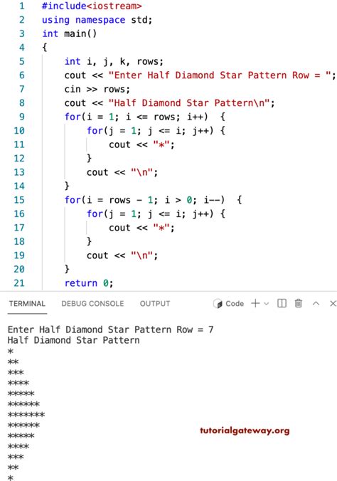 C Program To Print Half Diamond Star Pattern