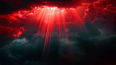 Red Light Rays Shine Through A Dark Cloudy Sky Glowing Rays Of Red