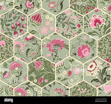 Seamless Abstract Colorful Patchwork Pattern From Flowers In Folk Style