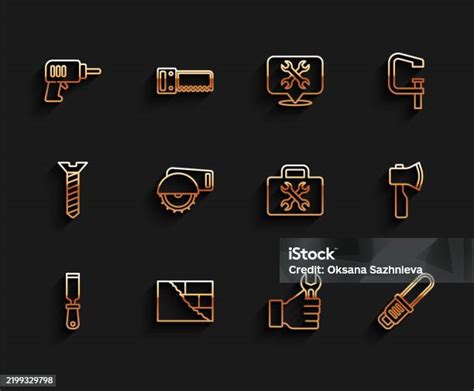 라인 Rasp 금속 파일 벽돌 전기 드릴 기계 렌치 스패너 전기 톱 원형 나무 도끼 및 도구 상자 아이콘을 설정합니다 벡터 강철에 대한 스톡 벡터 아트 및 기타 이미지