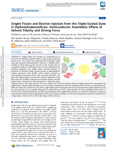 Pdf Singlet Fission And Electron Injection From The Triplet Excited State In
