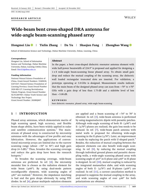 Wide‐beam Bent Cross‐shaped Dra Antenna For Wide‐angle Beam‐scanning Phased Array