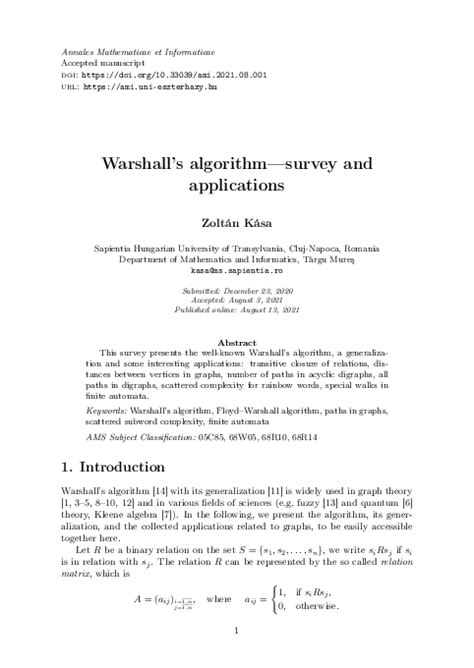 pdf warshall s algorithm—survey and applications