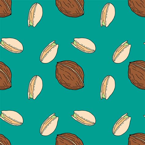 Pattern With Walnuts And Pistachios Handmade Doodle Drawing On Blue
