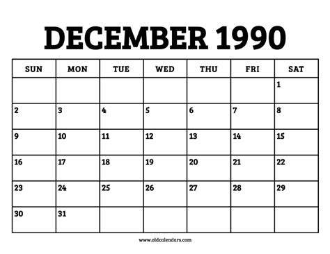 Calendar December 1990 Printable Old Calendars