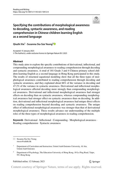 Specifying The Contribution Of Morphological Awareness To Decoding Syntactic Awareness And