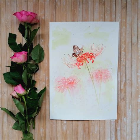 Red Spider Lily Watercolor Painting Butterfly Botanical Art Etsy