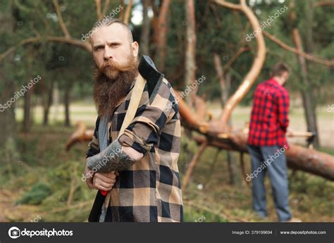 Handsome Lumberjack Axe Forest Stock Photo By Serezniy