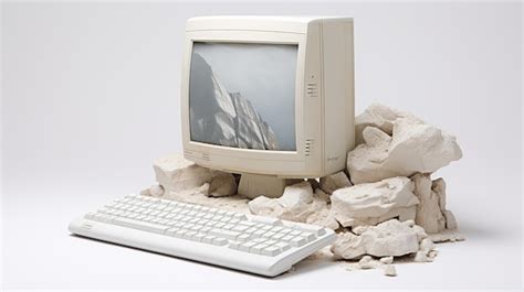 La Naturaleza Muerta Influenciada Por El Vintage Pantalla De Computadora Blanca En Pilas De