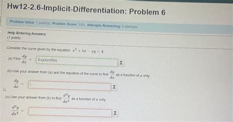 Solved Hw12 26 Implicit Differentiation Problem 6 Problem
