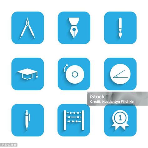 울리는 알람 벨 주판 메달 예각 펜 졸업 모자 페인트 브러시 및 그리기 나침반 아이콘을 설정합니다 벡터 계산기에 대한 스톡 벡터