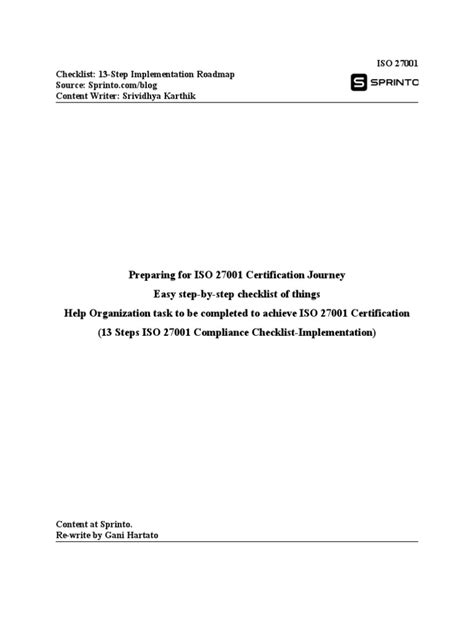 Checklist Iso 27001 13 Step Implementation Roadmap Pdf