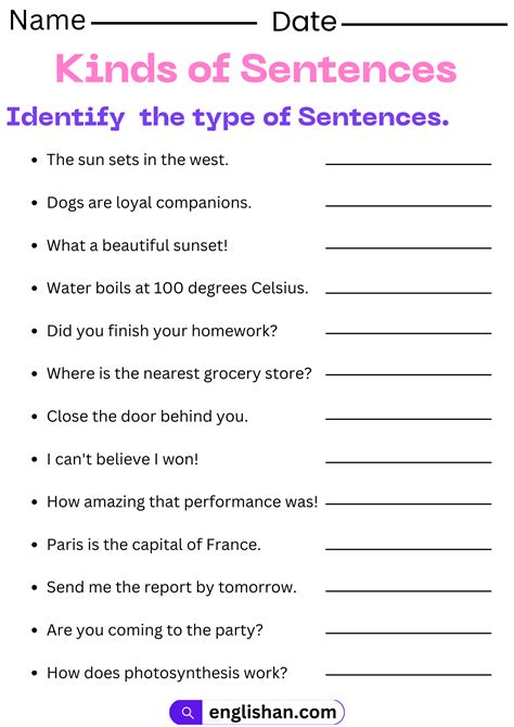 Types Of Sentences Worksheets