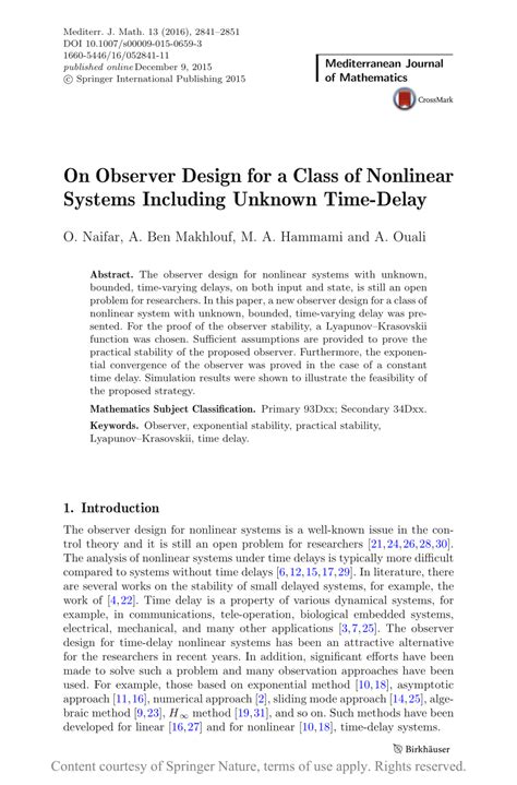 On Observer Design For A Class Of Nonlinear Systems Including Unknown Time Delay Request Pdf